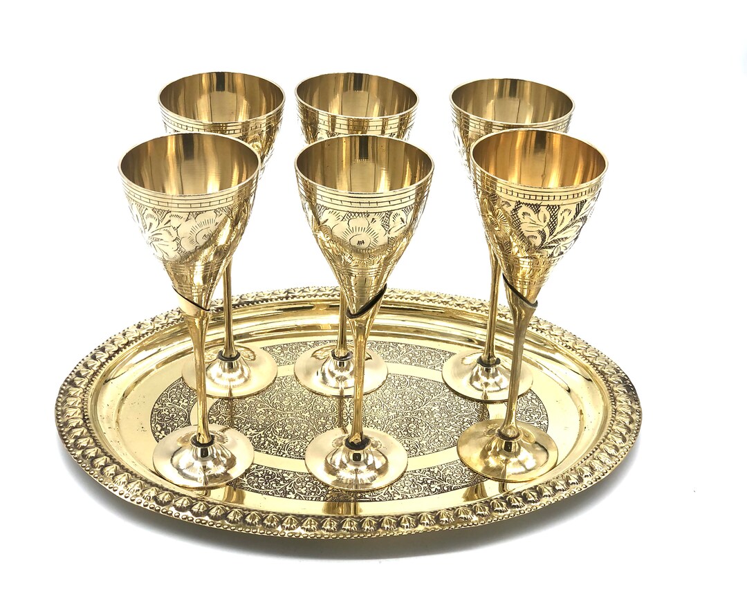 Brass Wine Cup Set (round Design) / Home Decor / Beautifully Crafted ...