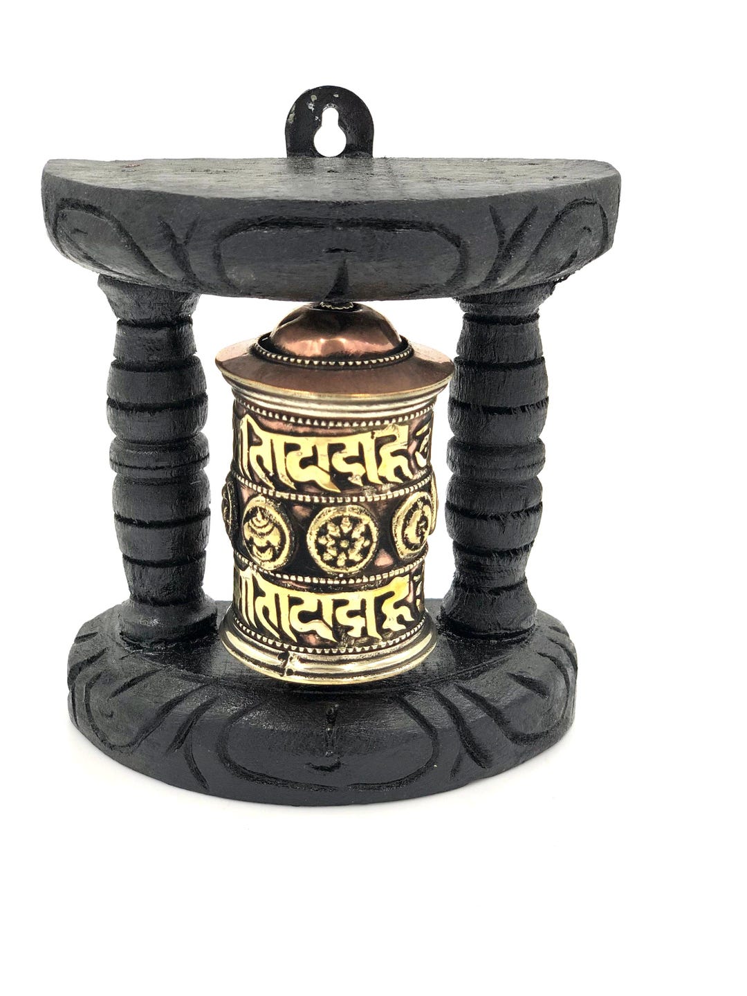 Three Line Auspicious Symbol Buddhist Prayer Wheel With Wooden Frame ...