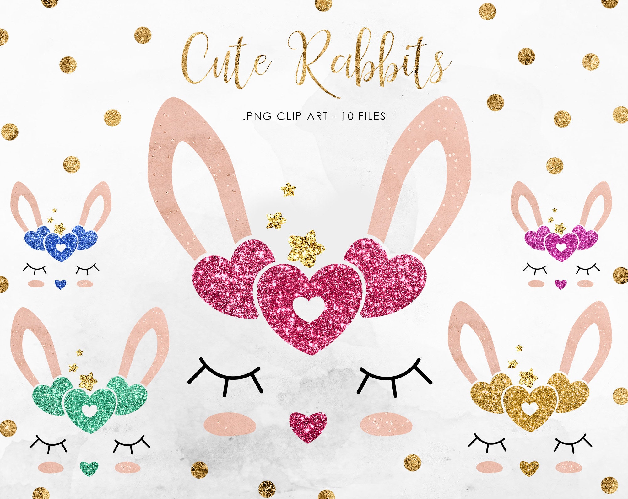 10 Rabbits Faces Clipart Bunny Faces Clip Art Glitters Cute | Etsy