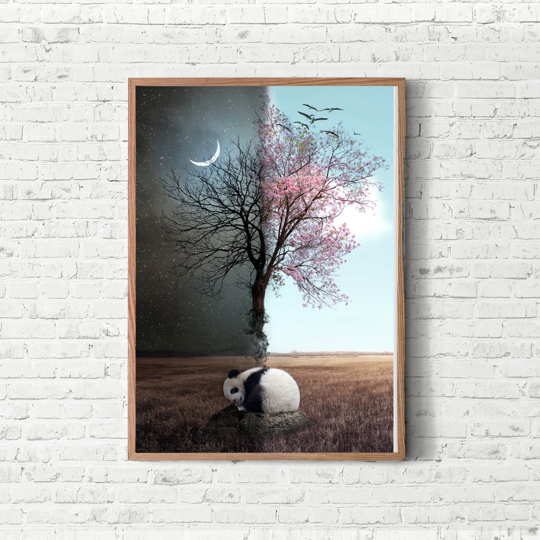 Panda Sleeping Under Tree in Split Day and Night Landscape – Surreal ...