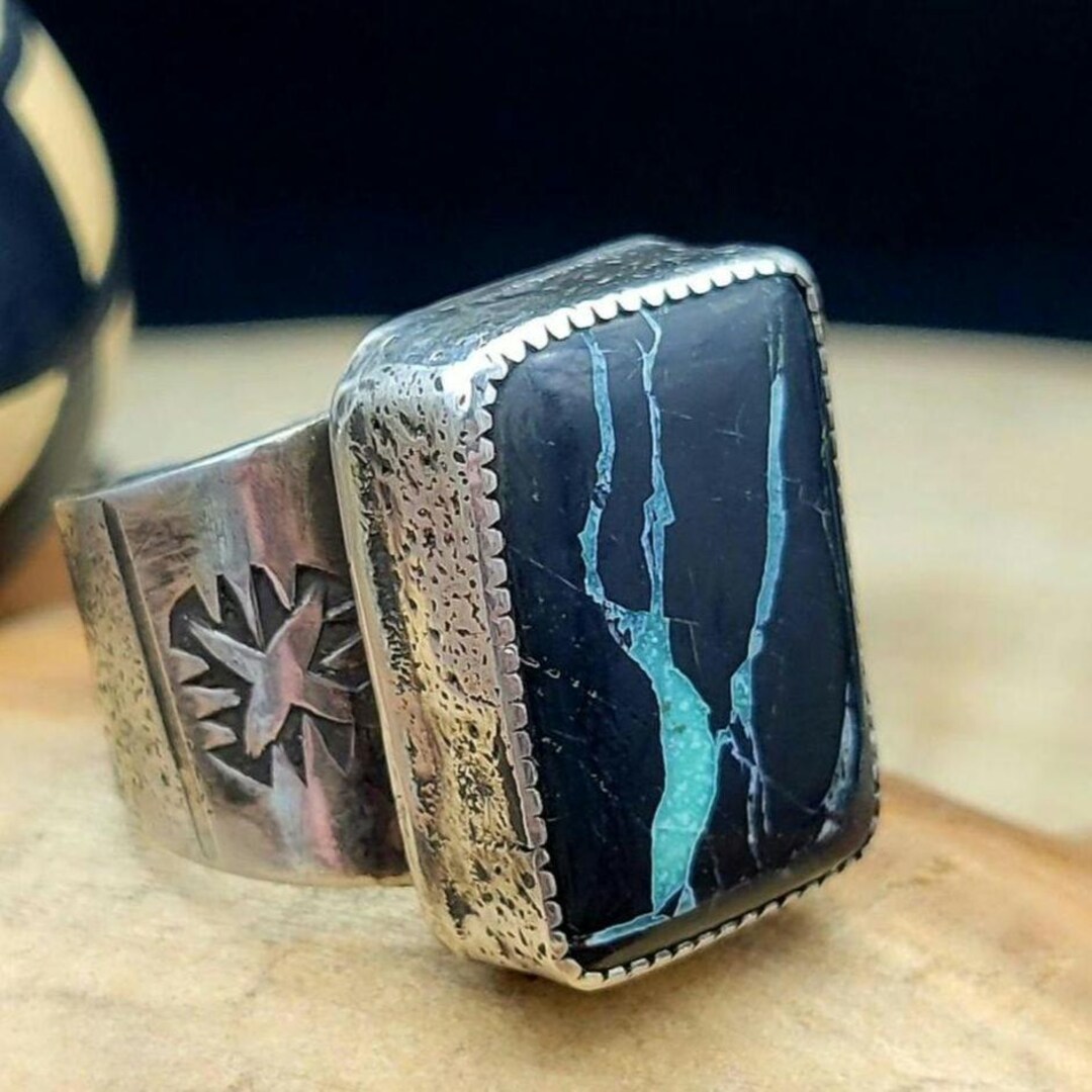 Handmade Black Buffalo and Sterling Silver Ring. Size 10.5. - Etsy