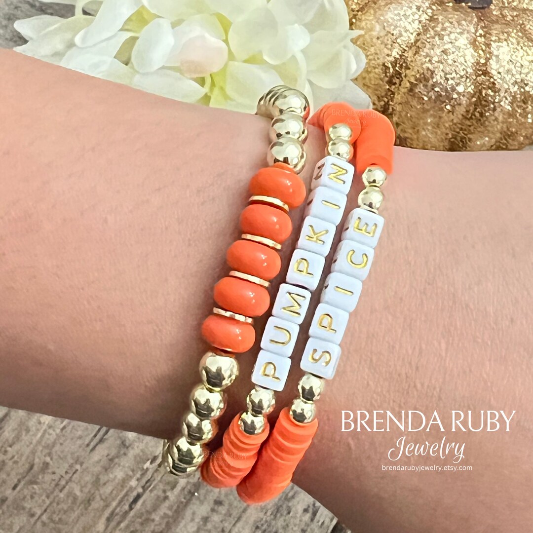 Personalized Pumpkin Spice Name Bracelets, Orange and Gold Bracelets ...
