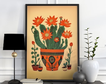 Vintage Mexican Cactus Poster, Colourful Mexican Art Print, Traditional ...