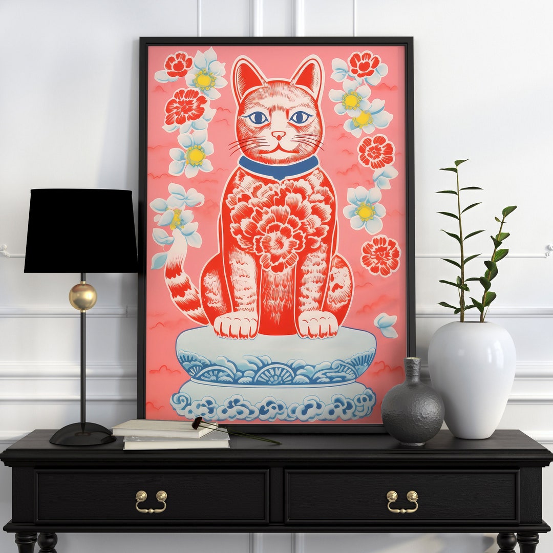 Maneki-neko Japanese Lucky Cat Poster, Japanese Cat Art Print, Oriental ...