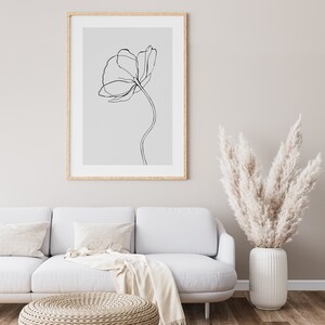 Grey Flower Line Drawing Abstract Line Art Grey Decor Poppy Print Black ...