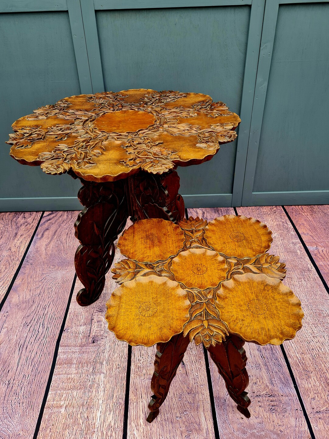 Vintage Kashmiri Heavily Carved Walnut Folding Lotus Tables - Etsy