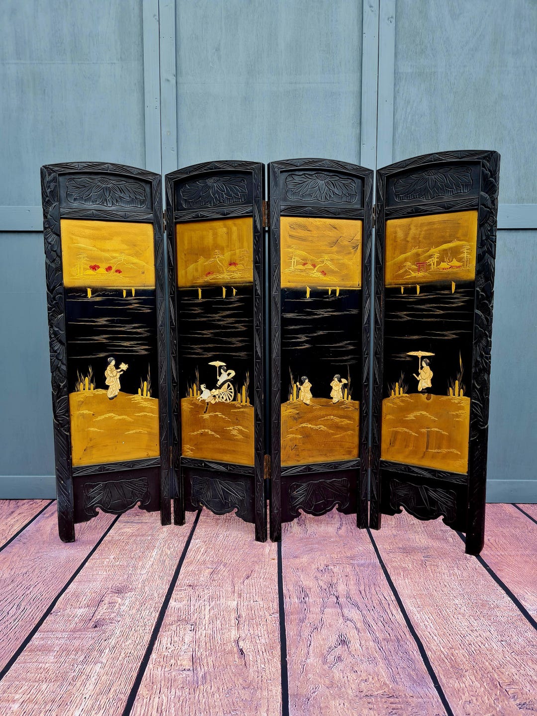 Antique Chinese Ebonised Four Panel Firescreen - Etsy