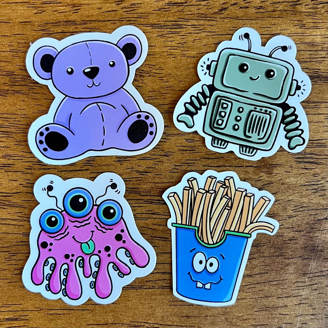 Fun 2" Waterproof Stickers for Kids. Alien, Teddy, French Fries, and ...