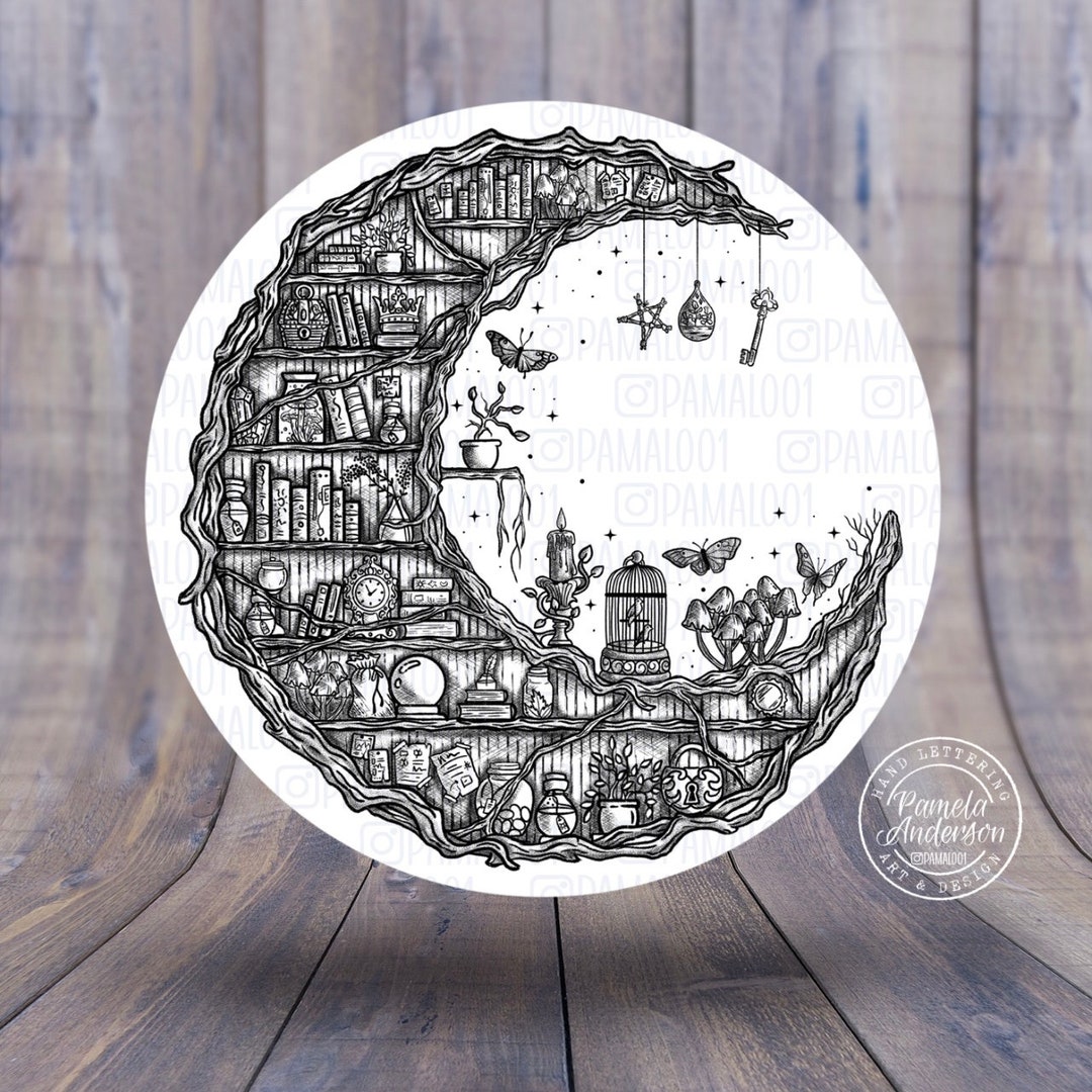 Moon Bookshelf Sticker 3" Round. Black and White. - Etsy