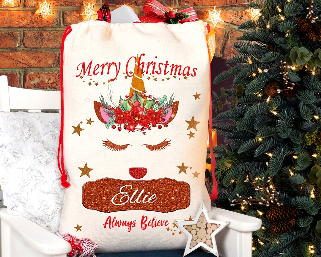 Personalised Christmas Santa Sack, Linen Sack, Glitter Unicorn Gift ...