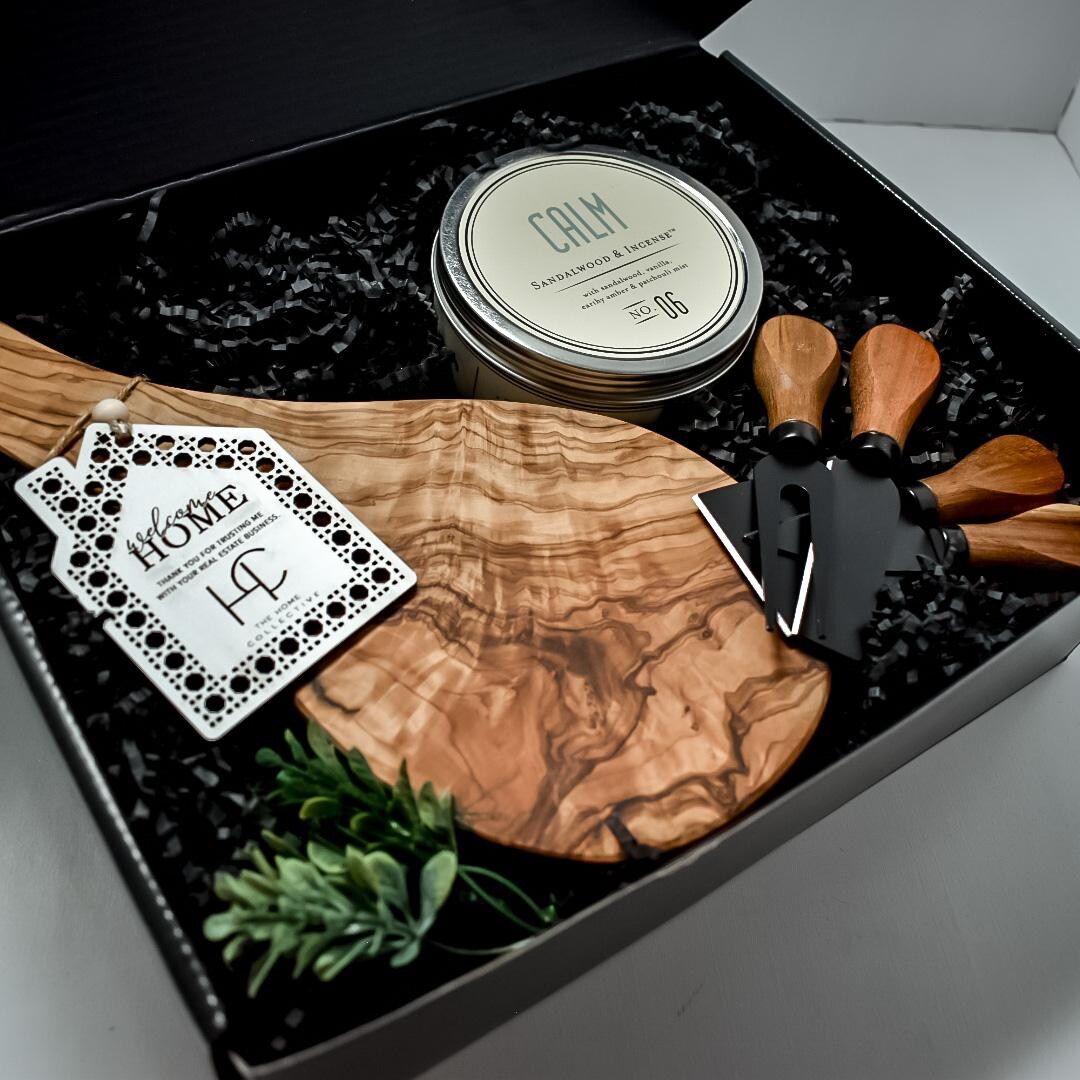 Personalized Olive Wood Board Gift Box - Candle, Cheese Utensils ...