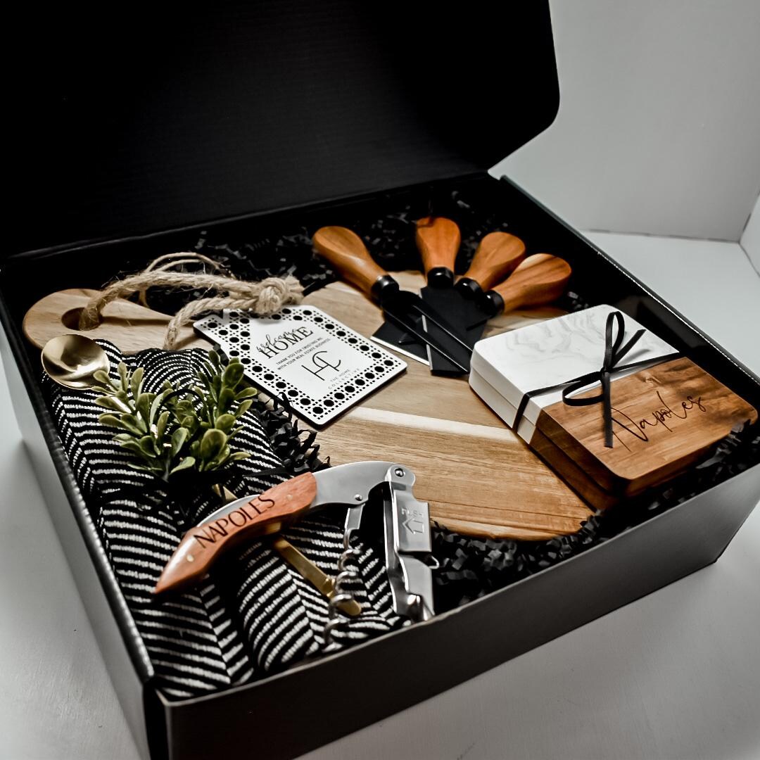 Personalized Acacia Board Gift Set for New Homeowners - Engraved Luxury ...