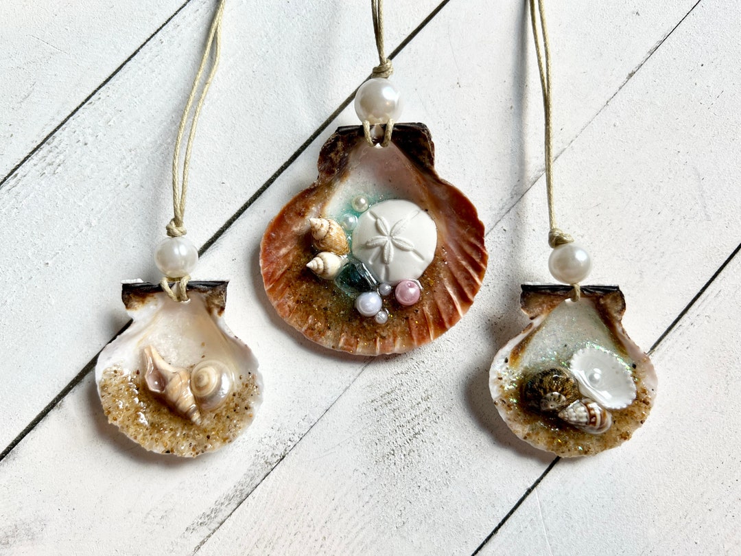 Set of 3, Small, Handmade, Seashell Resin Ornaments, Christmas ...