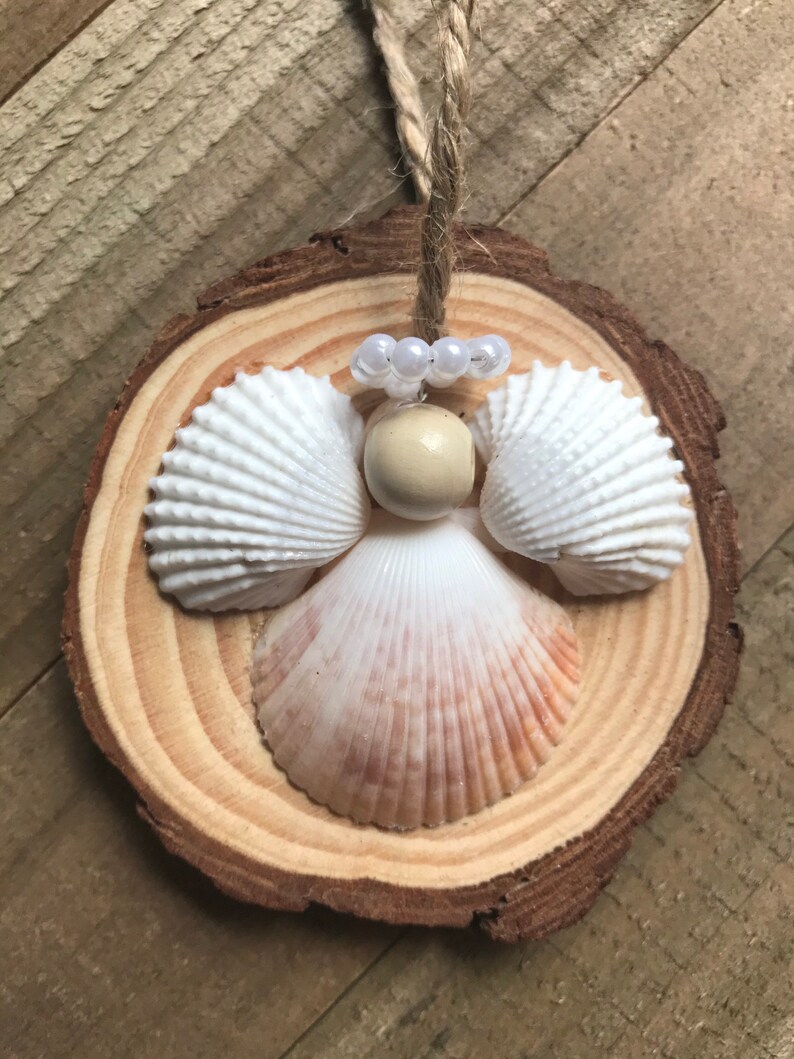 Shell Angel Ornament Seashell Angel on Sliced Wood - Etsy