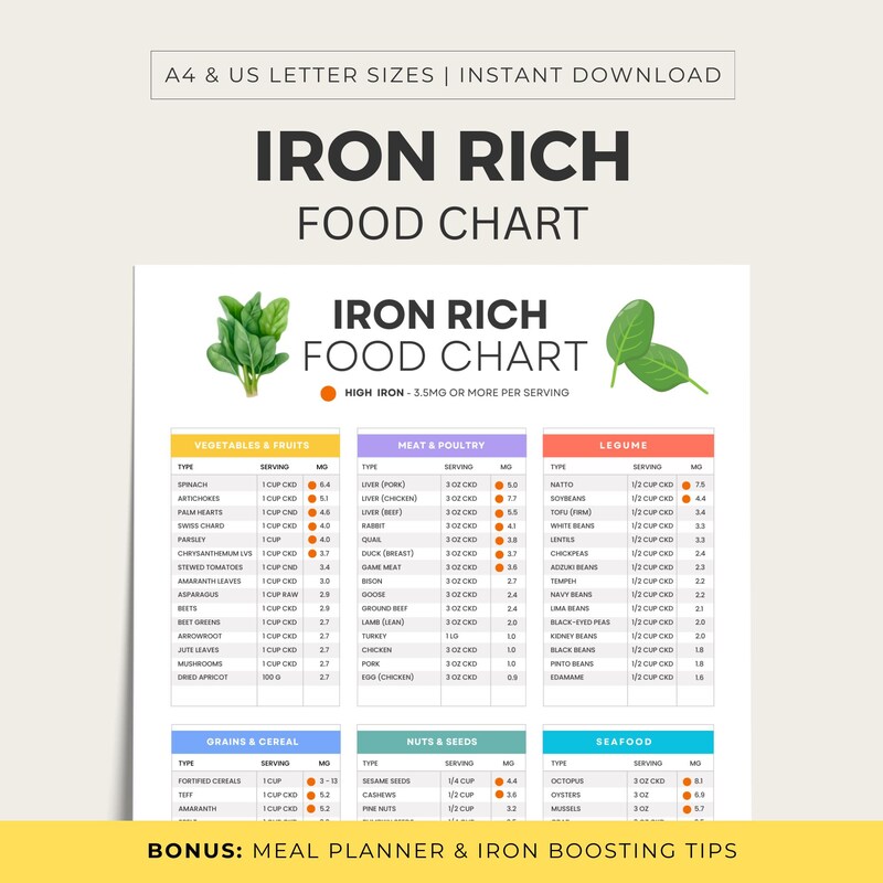 Iron Rich Food Chart - Etsy
