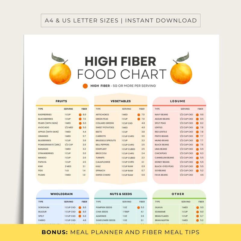 High Fiber Food Chart - Etsy