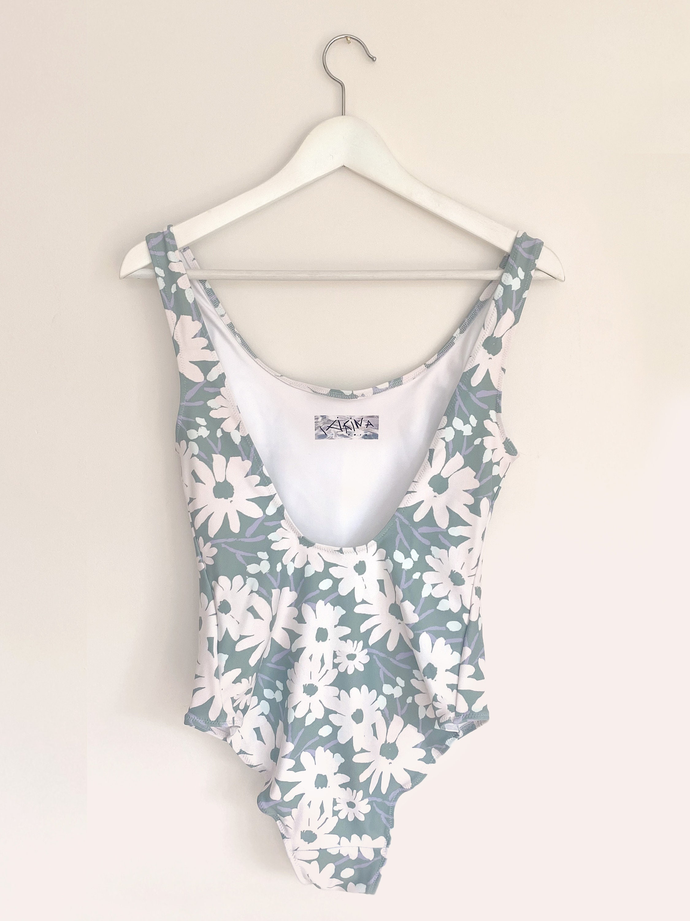 Daisy Print One-piece Swimsuit/scoop Back Floral/bikini/swimwear/sage ...