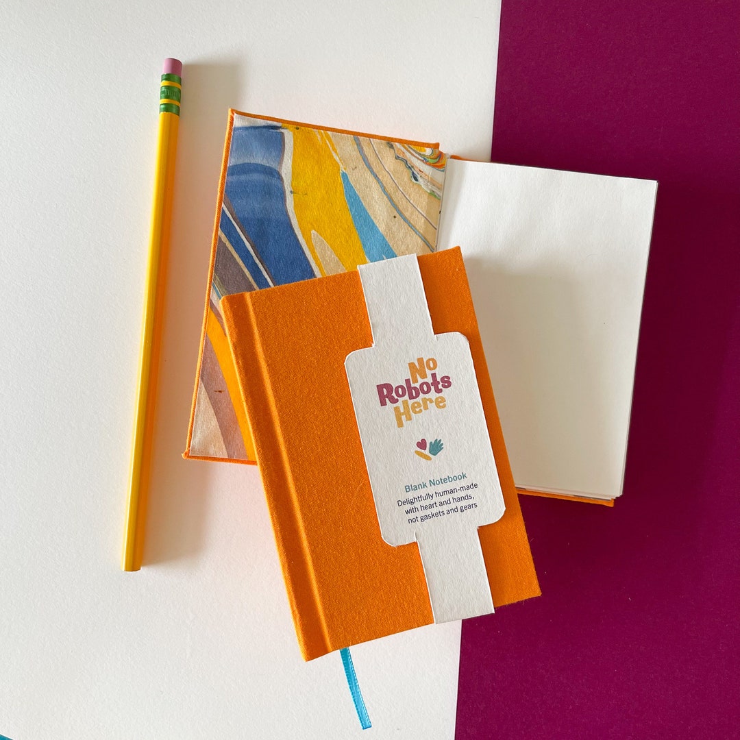 Thin Orange Hard Cover Notebook, Sketchbook With Marbled Endpaper, Cute ...