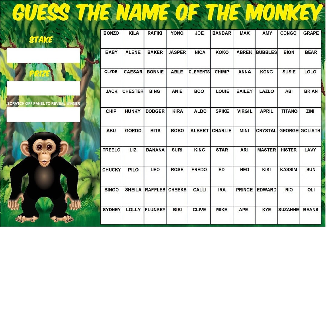 MONKEY Guess the Name of Scratchcard Fundraising Game Fete Fair Fayre ...