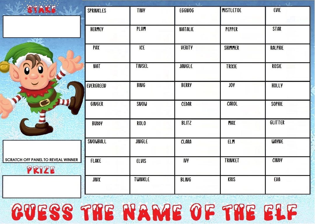A4 ELF Guess the Name of Scratchcard Fundraising Game Christmas Fete ...