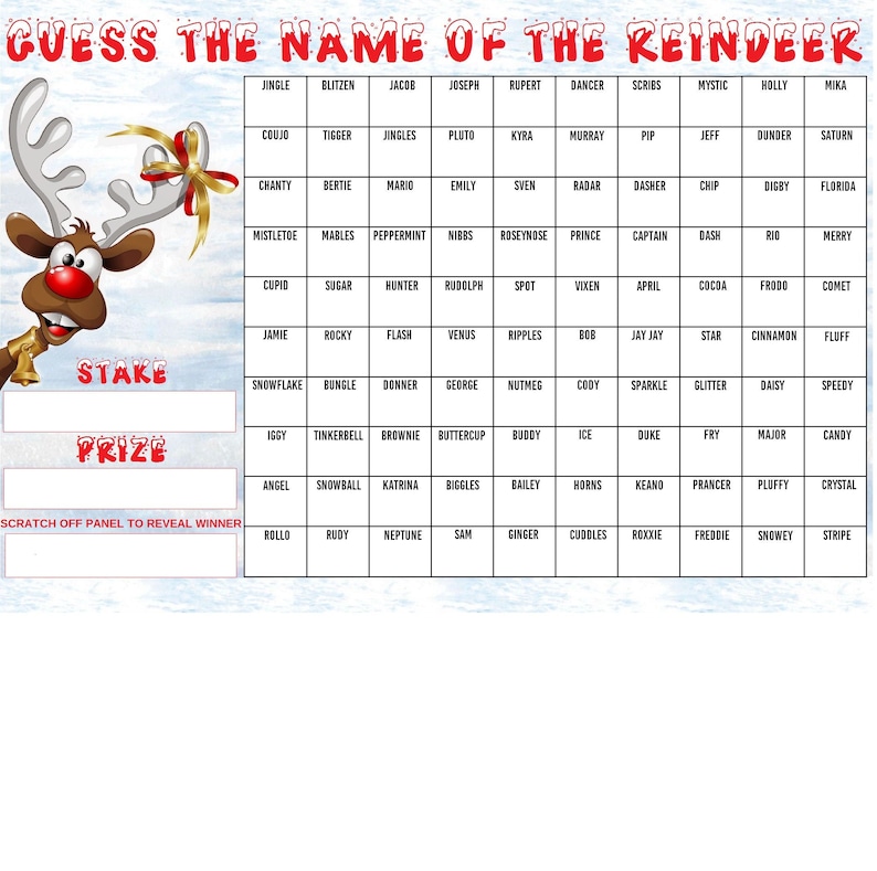 REINDEER Guess the Name of Scratchcard Fundraising Game Fete Fair Fayre ...