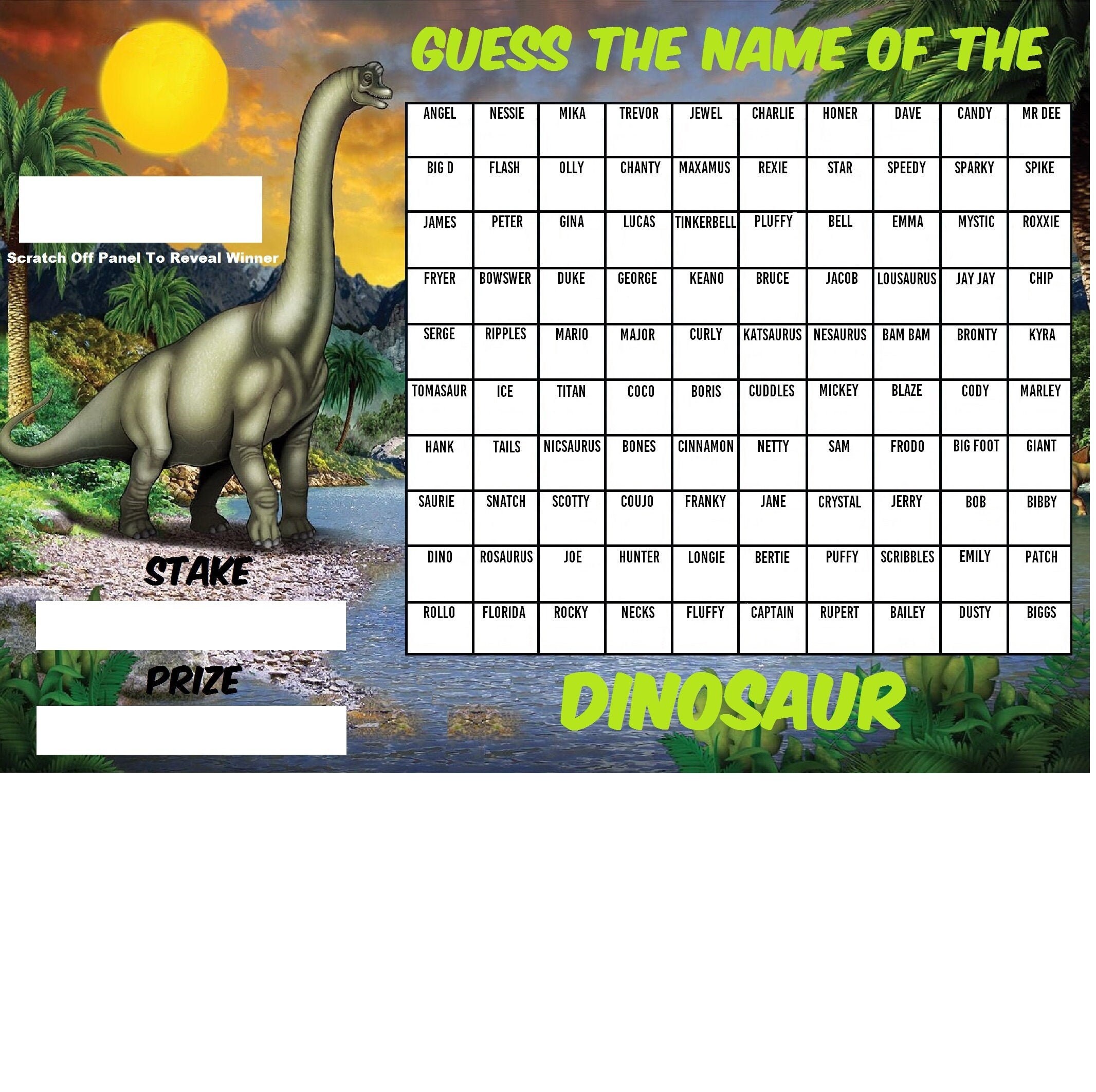 DINOSAUR Guess the Name of Scratchcard Fundraising Game Fete Fair Fayre ...