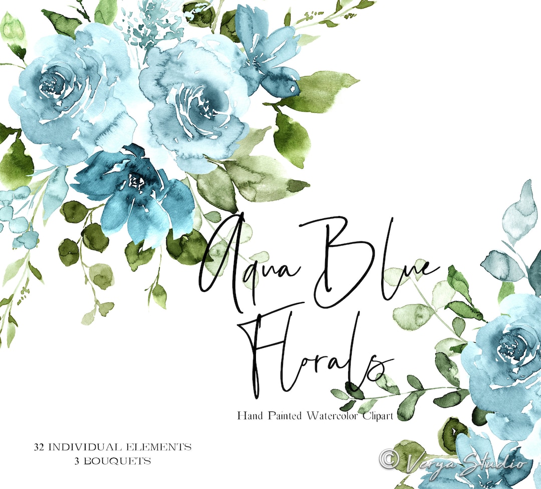 Aqua Blue Watercolor Floral Clipart Light Blue Pastel Flowers Roses ...