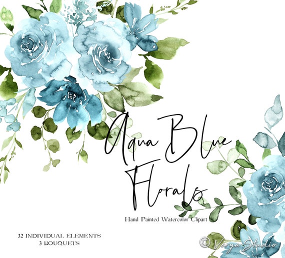 Aqua Blue Watercolor Floral Clipart Light Blue Pastel Flowers | Etsy