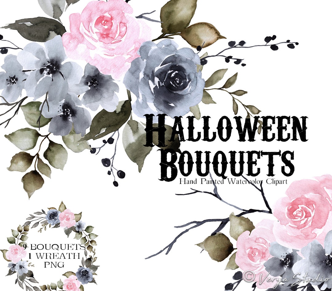 Pink Halloween Clipart Floral Clip Art Pastel Goth Clipart Watercolor ...