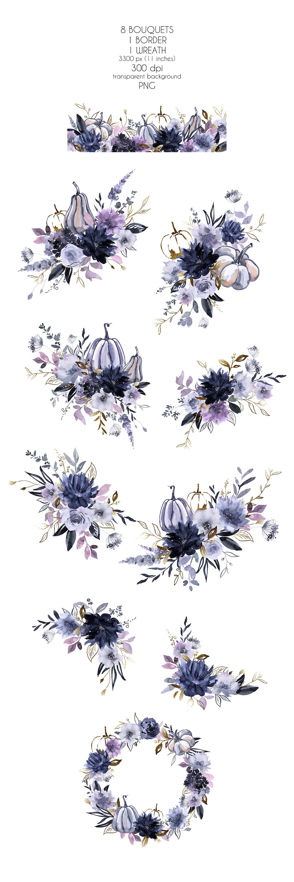 Fall Clipart Watercolor Autumn Clip Art Black Purple Gold Pink - Etsy