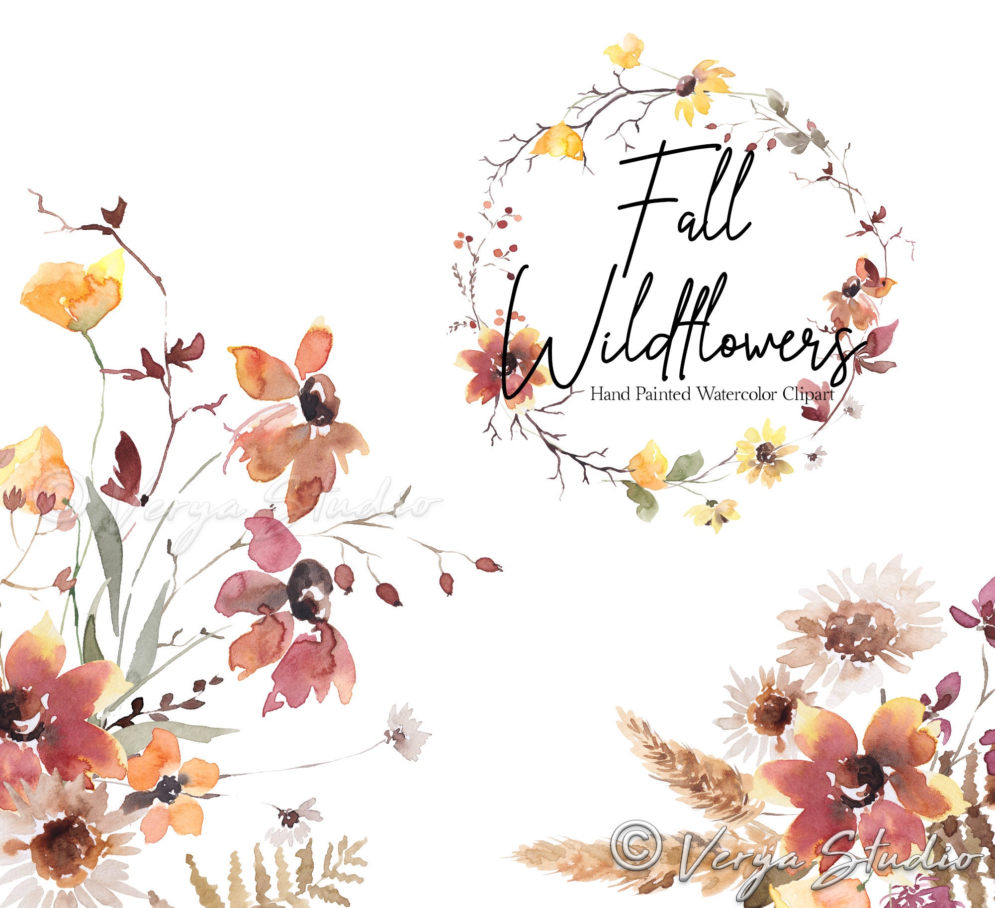 Fall Wildflowers Watercolor Fall Clipart Autumn Clip Art Wild - Etsy