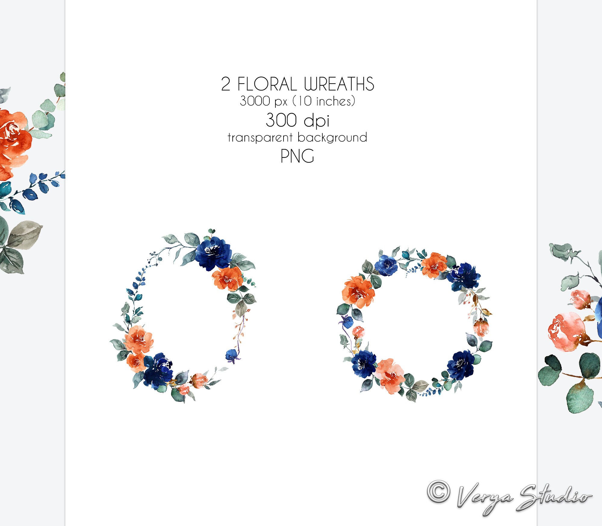 Navy Rust Orange Watercolor Floral Clipart Peach Burnt Orange Dark Blue ...