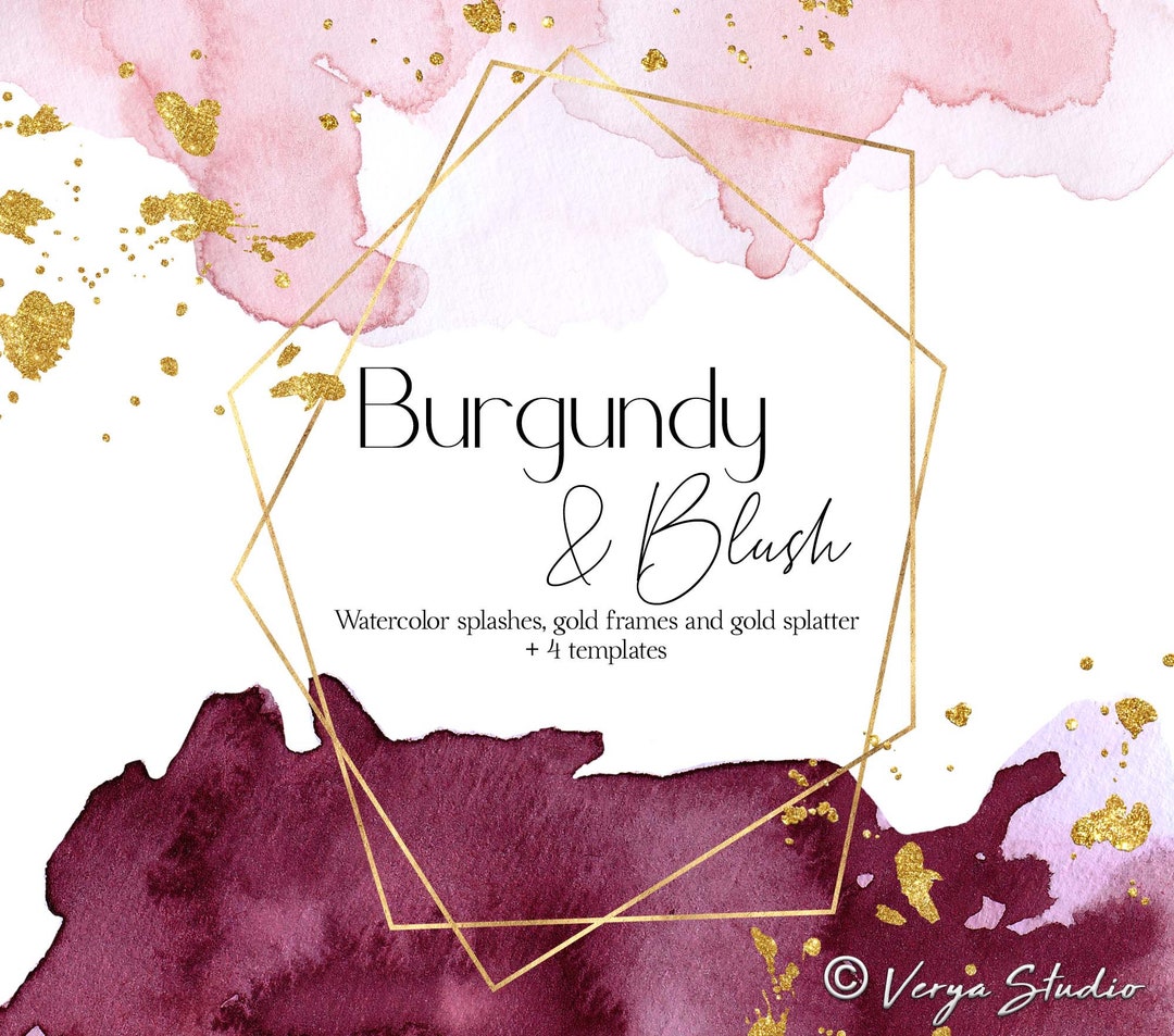 Blush Burgundy Gold Watercolor Splashes Clipart Geometric Gold Frames ...