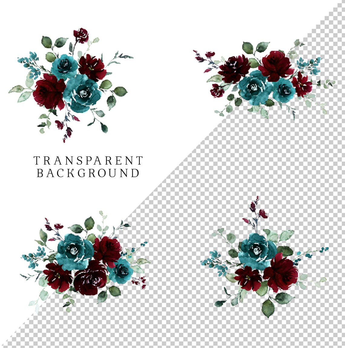 Teal Burgundy Watercolor Floral Clipart, Flowers Clip Art, Spring ...