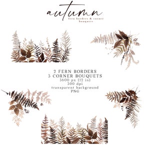 Fall Borders Watercolor Botanical Clipart Neutral Ferns Bouquets Brown ...