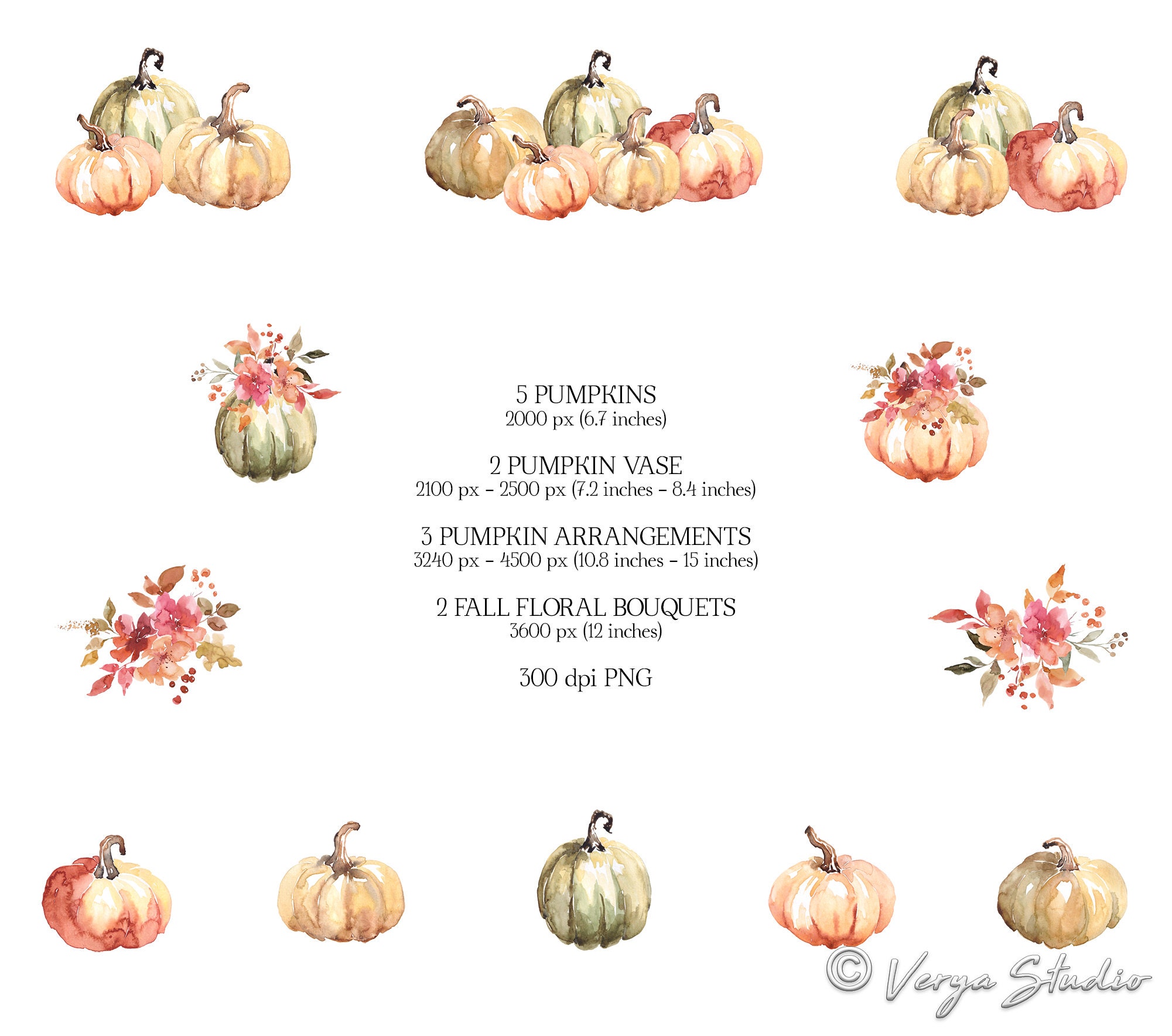 Pumpkins Clipart Watercolor Fall Clip Art Autumn Clipart Orange Green ...