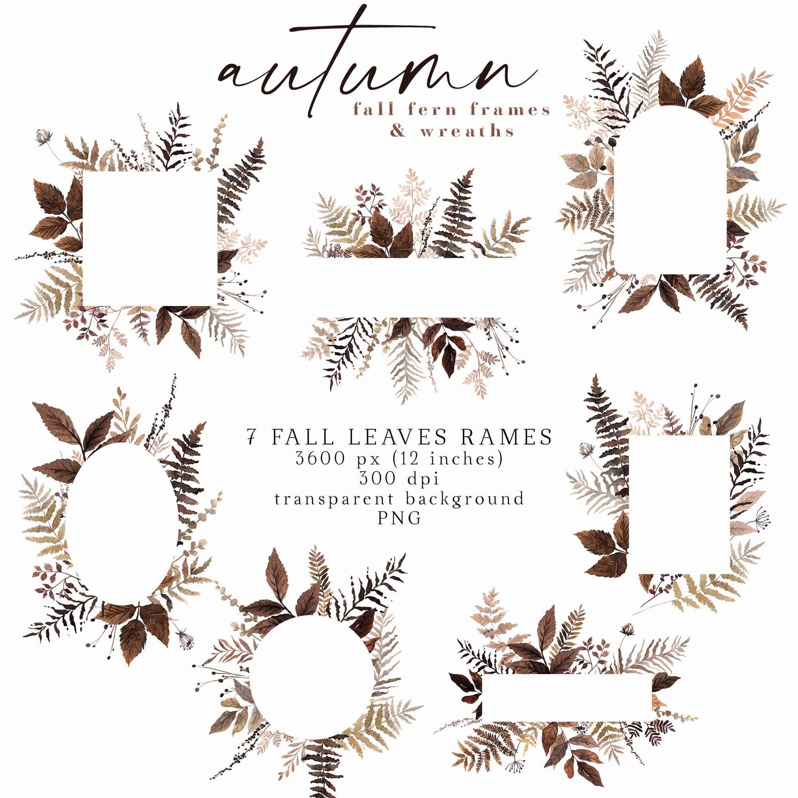 Fern Fall Frames Clipart Watercolor Autumn Clip Art Neutral Foliage ...