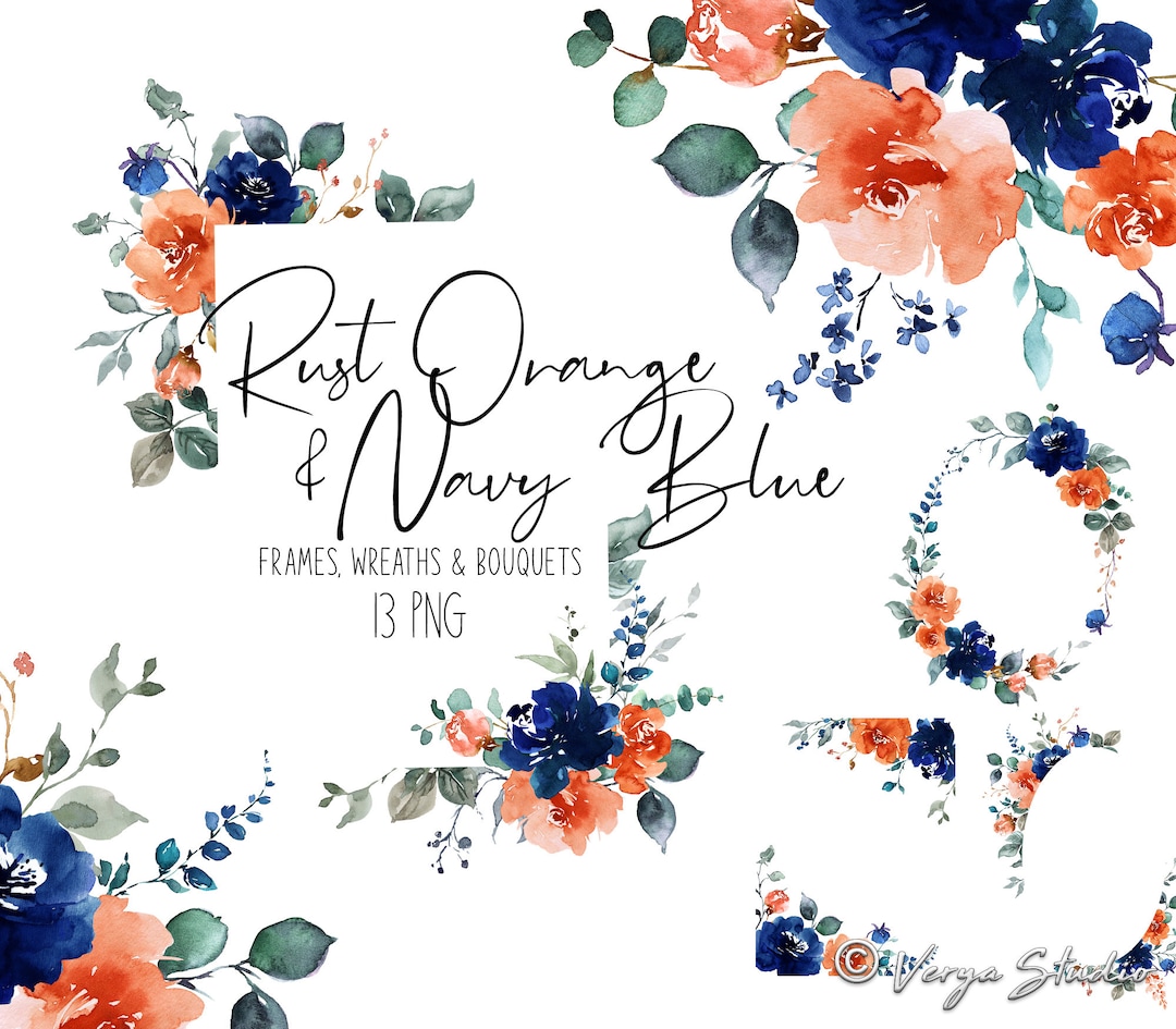 Navy Rust Orange Watercolor Floral Clipart Peach Burnt Orange Dark Blue ...