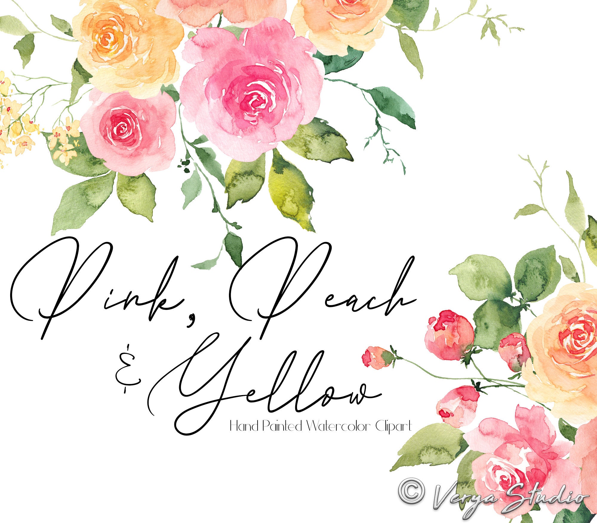 Peach Pink Yellow Watercolor Flowers Clipart Floral Clip Art Etsy