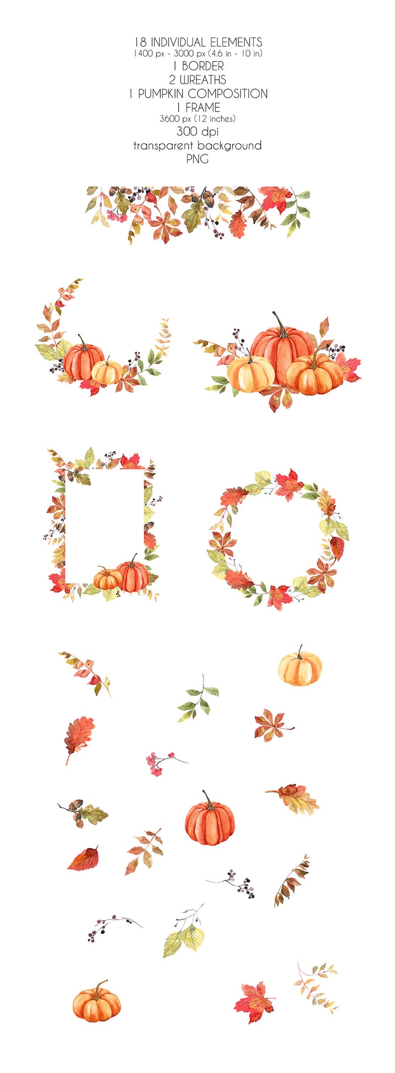 Fall Leaves Watercolor Autumn Clipart Pumpkins Wreath Frame Border ...