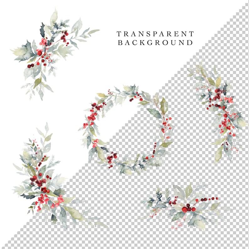 Winter Berries Clipart Watercolor Christmas Greenery Clip Art Red Berry ...