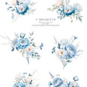 Dusty Blue White Watercolor Floral Clipart Ivory Blue Peonies Flowers ...