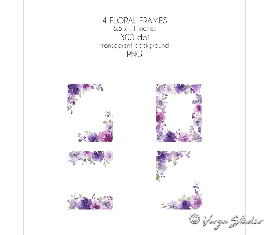 Purple Mauve Watercolor Flowers Clipart Floral Frames Clip Art Lilac ...