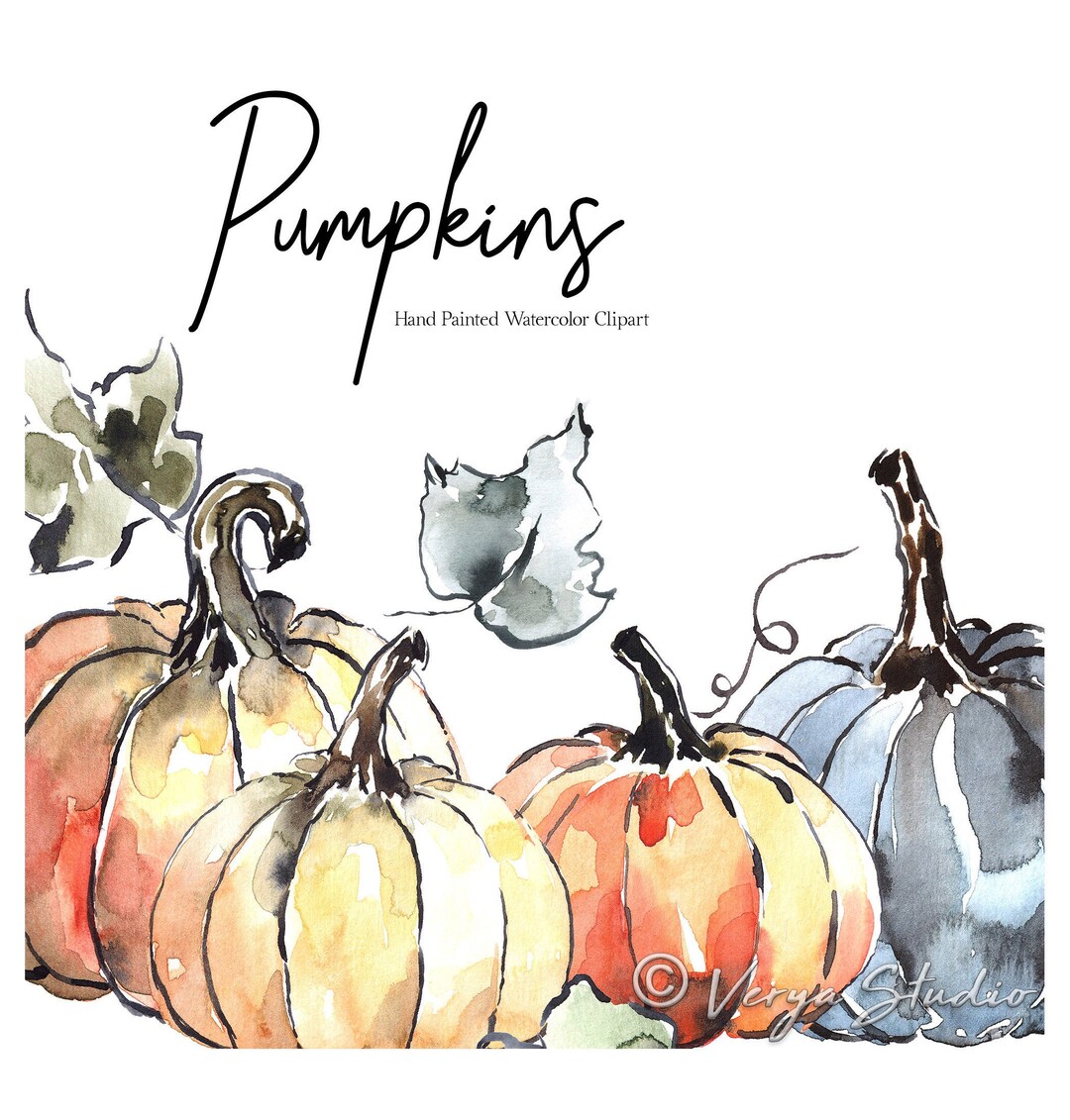 Pumpkins Watercolor Fall Clipart Autumn Clip Art Red Orange Yellow Blue ...