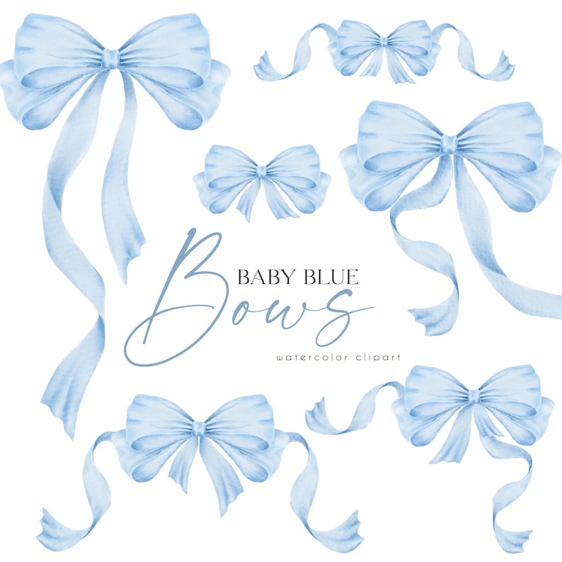 Baby Blue Bows Clipart; Pastel Coquette Watercolor Ribbons for Baby ...