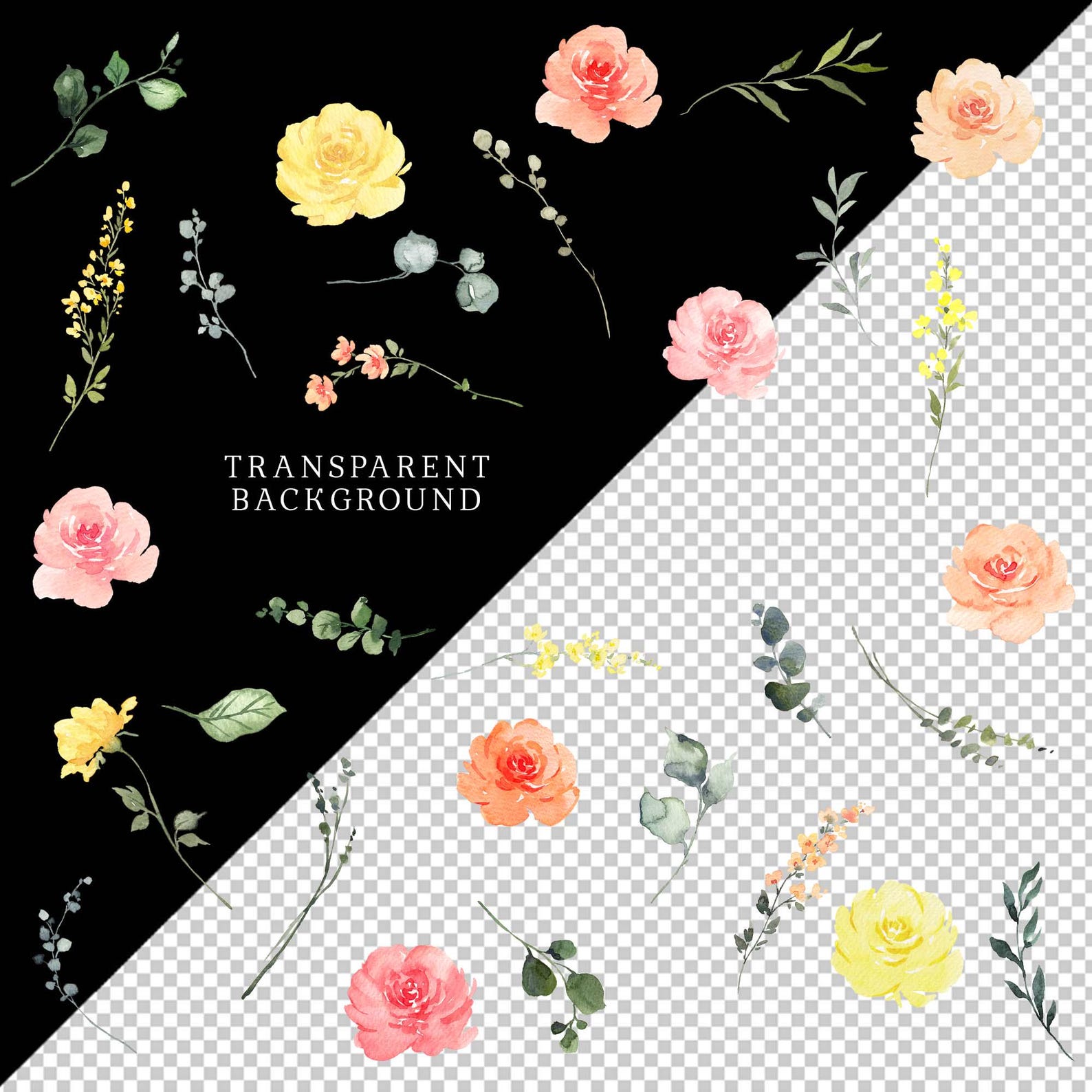 Peach Pink Yellow Floral Clipart Watercolor Spring Flowers Bright Blush ...