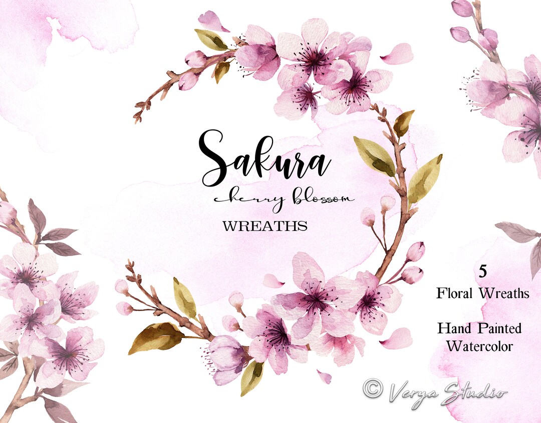 Spring Wreaths Clipart Watercolor Floral Clip Art Sakura Cherry Blossom ...