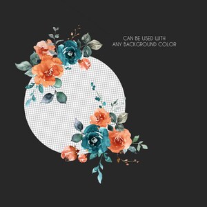 Teal Rust Orange Floral Clipart, Watercolor Fall Flowers Clip Art, Hand ...