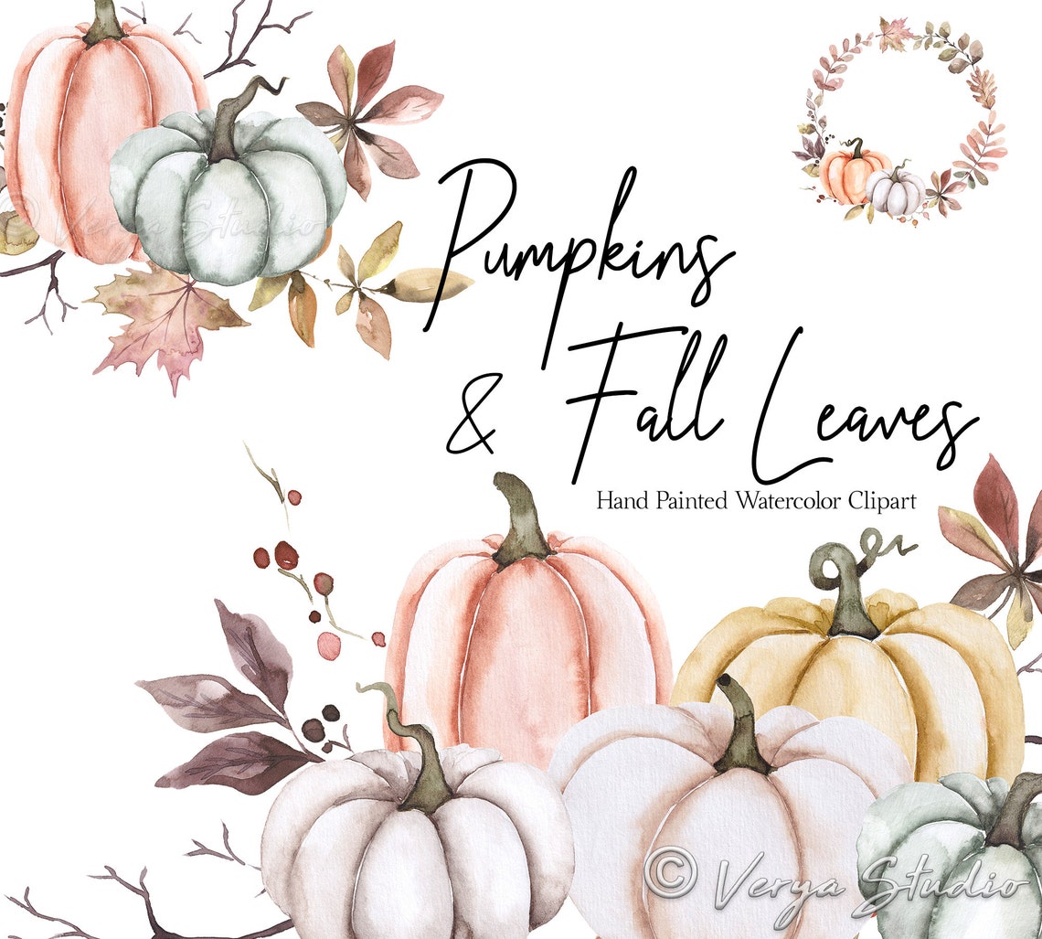 Fall Clipart Watercolor Autumn Clip Art Neutral Pumpkins Green - Etsy