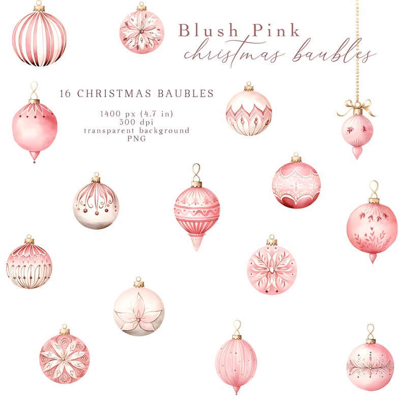 Blush Pink Christmas Baubles Clipart Watercolor Christmas Balls PNG ...